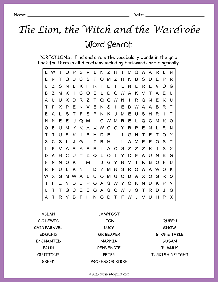 The Lion, the Witch and the Wardrobe Word Search