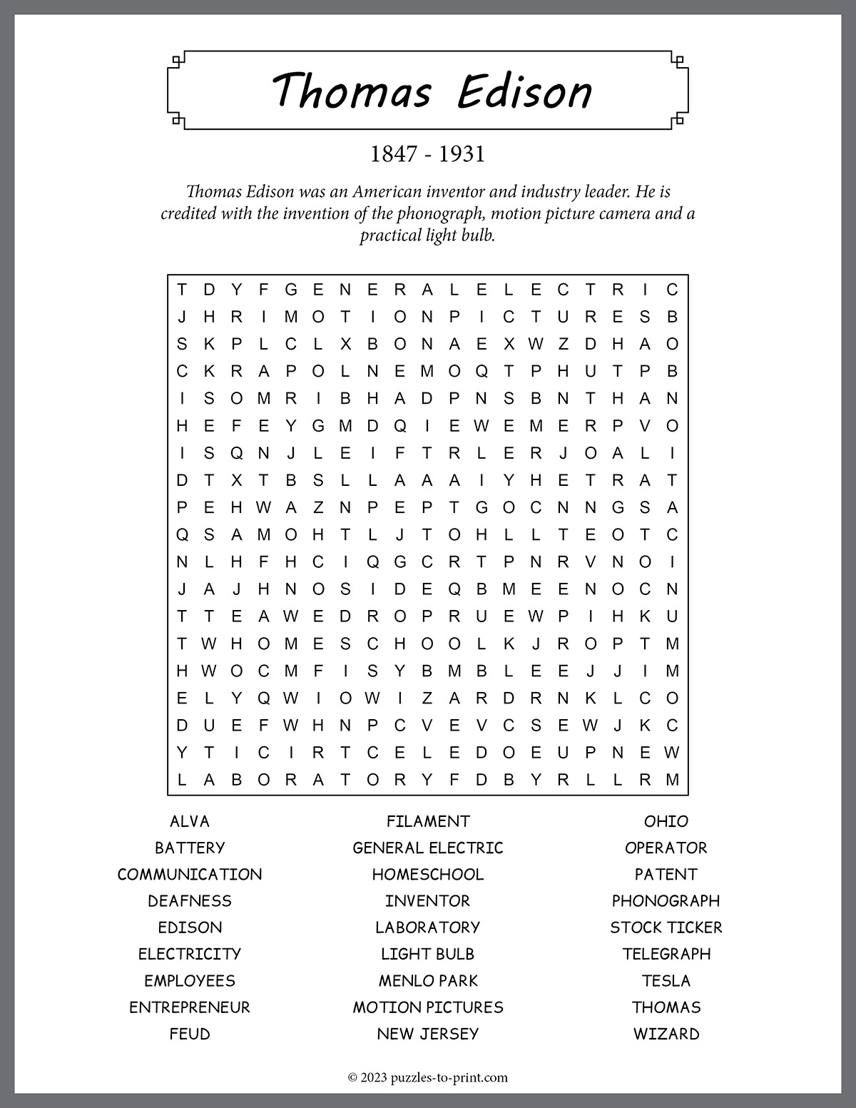 Thomas Edison Word Search