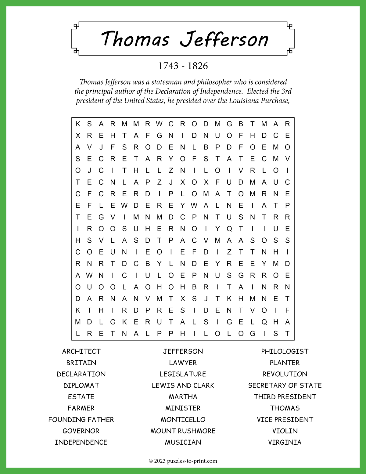 Thomas Jefferson Word Search