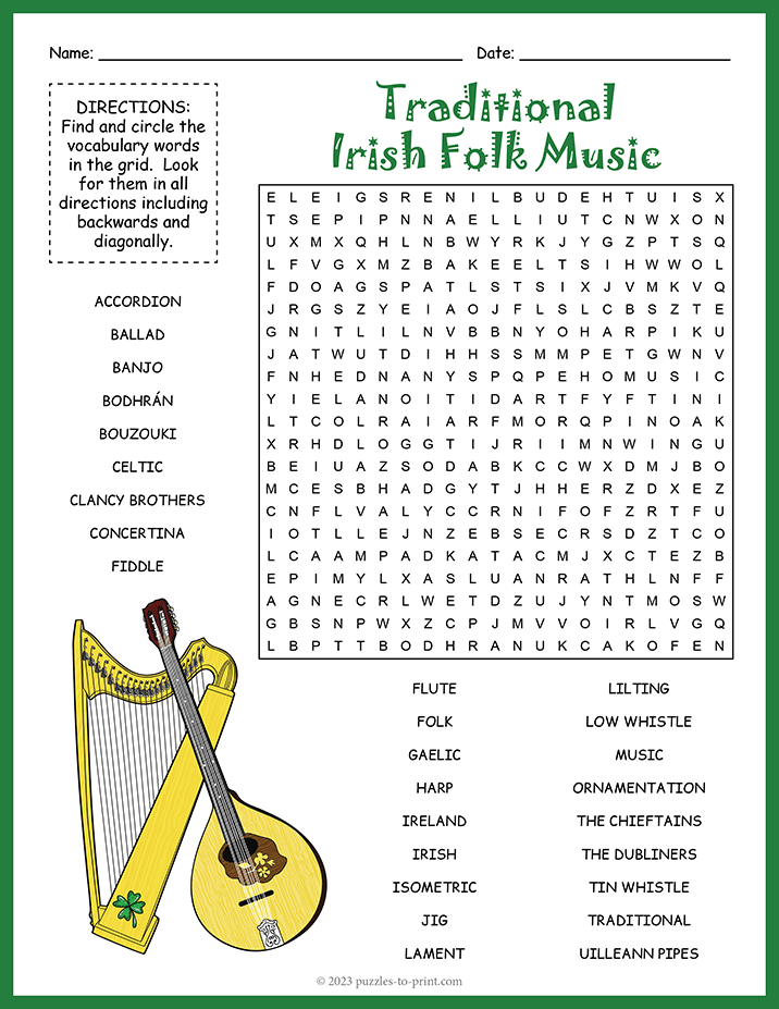 Traditional Irish Folk Music Word Search