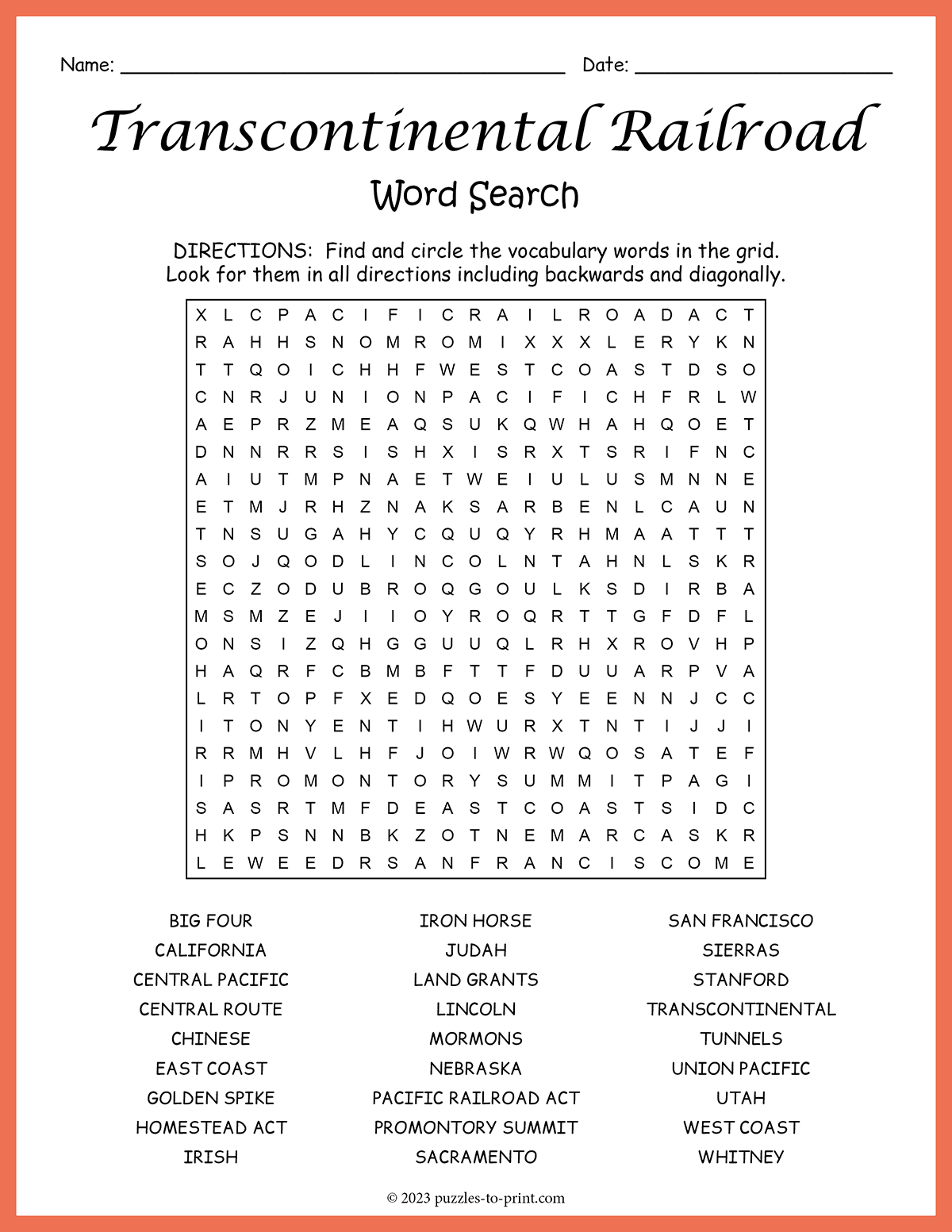 Transcontinental Railroad Word Search