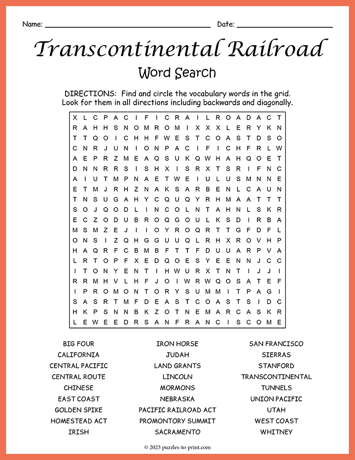 Transcontinental Railroad Word Search