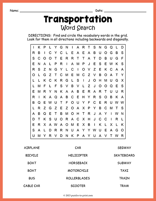 Transportation Word Search