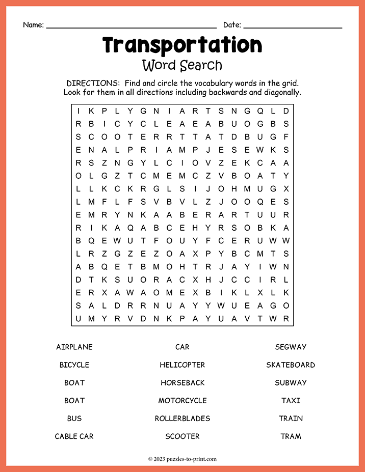Transportation Word Search