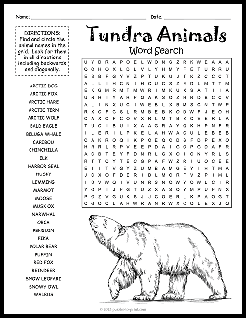 Tundra Animals Word Search