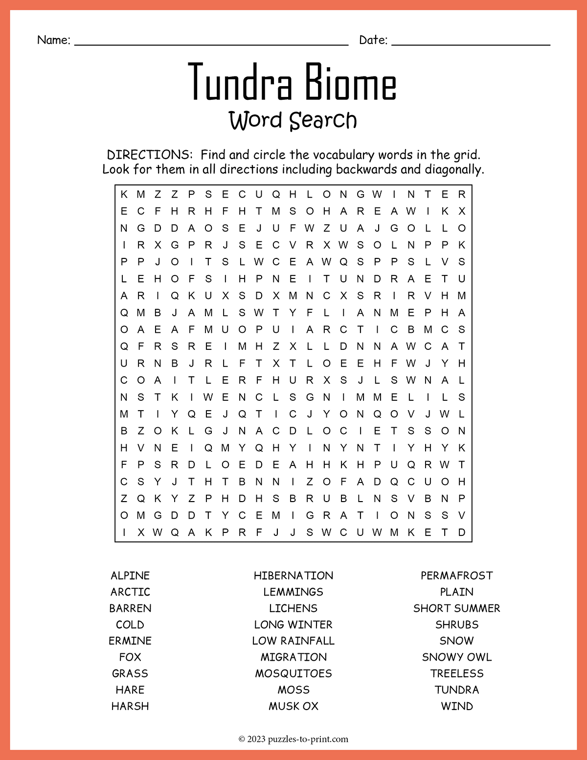 Tundra Biome Word Search