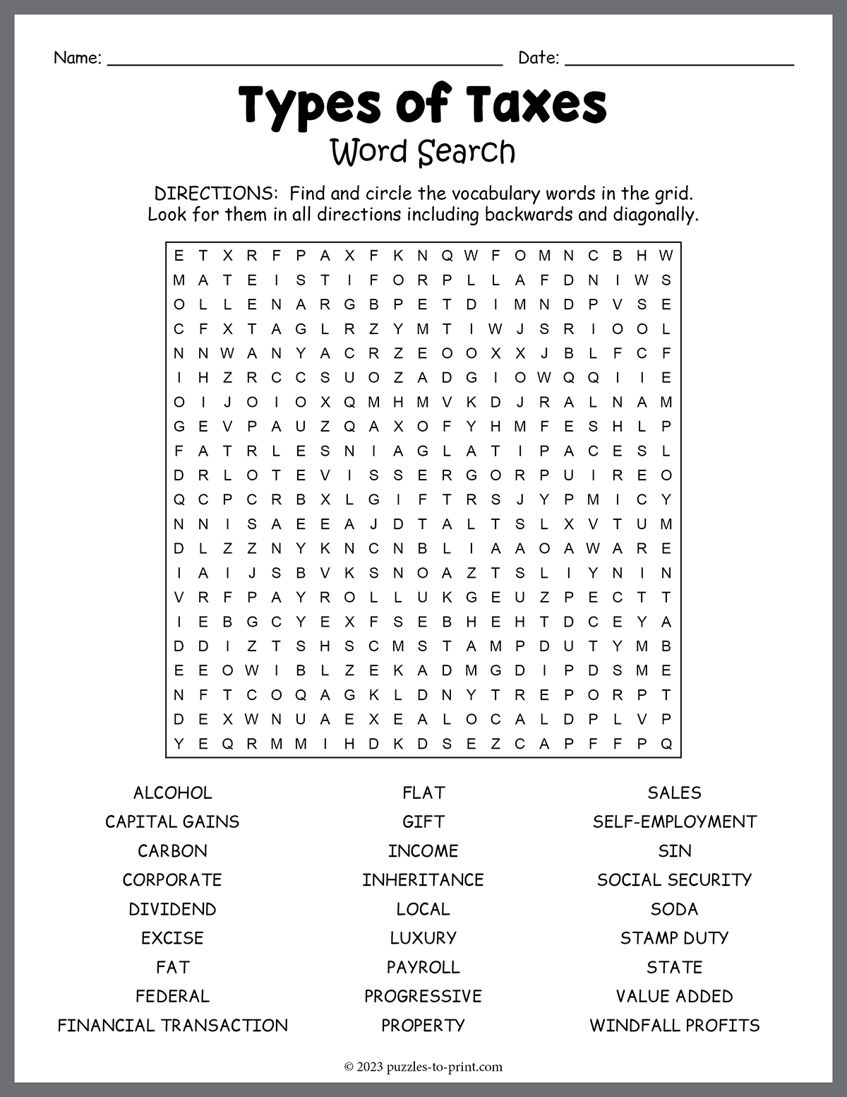 Types of Taxes Word Search