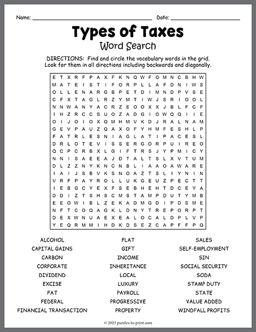 Types of Taxes Word Search