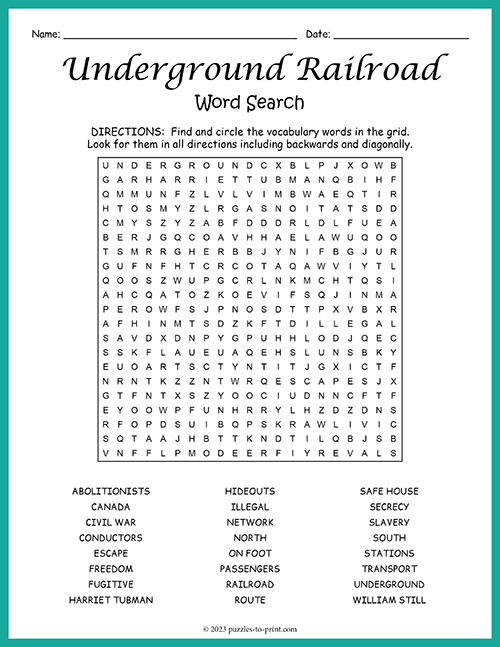Underground Railroad Word Search