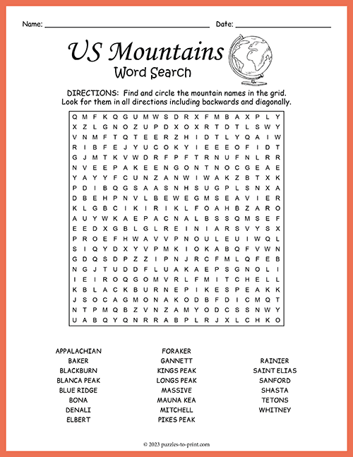 US Mountains Word Search