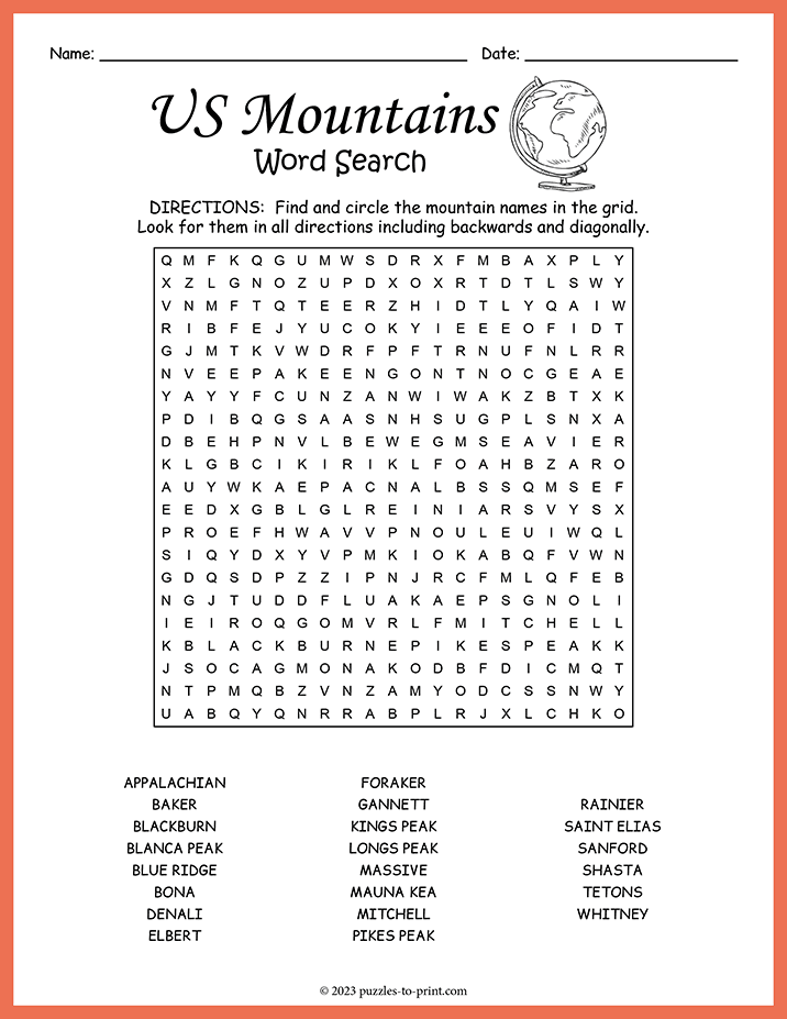 US Mountains Word Search