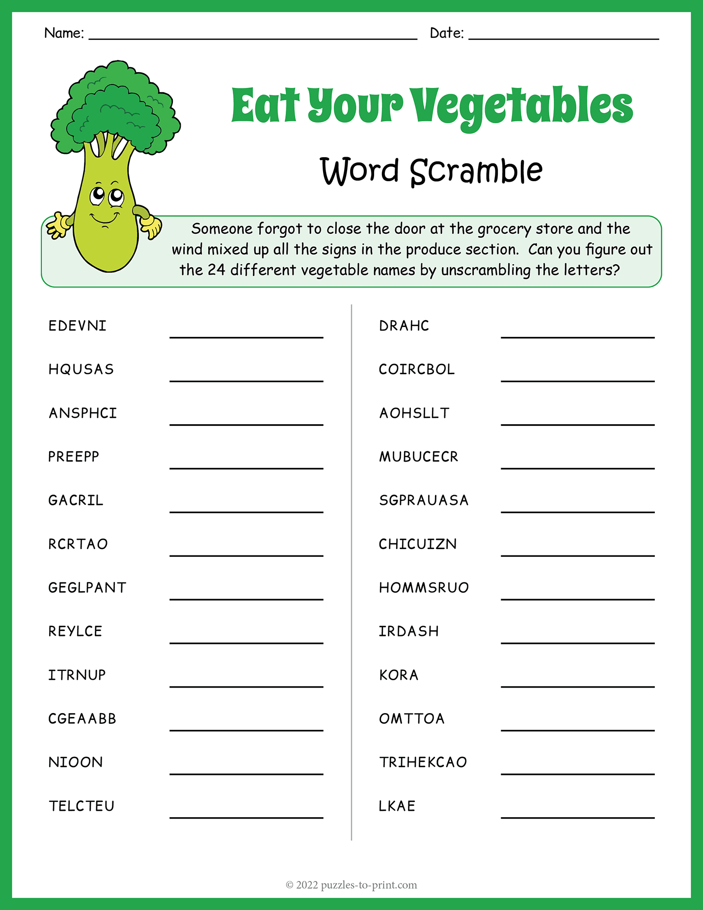 Vegetable Word Scramble