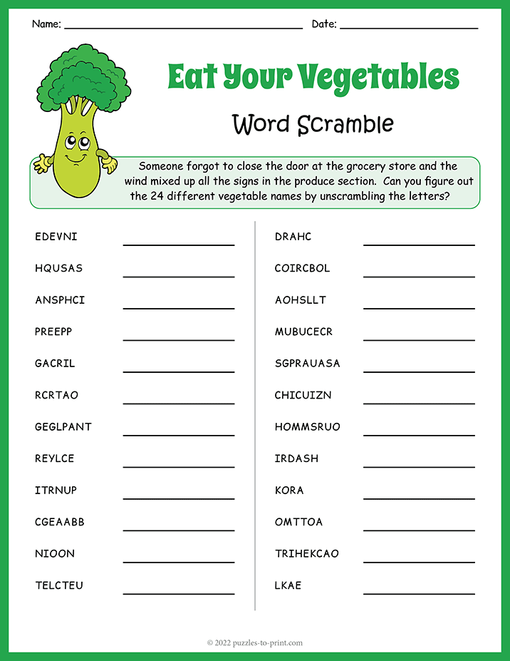 Vegetable Word Scramble