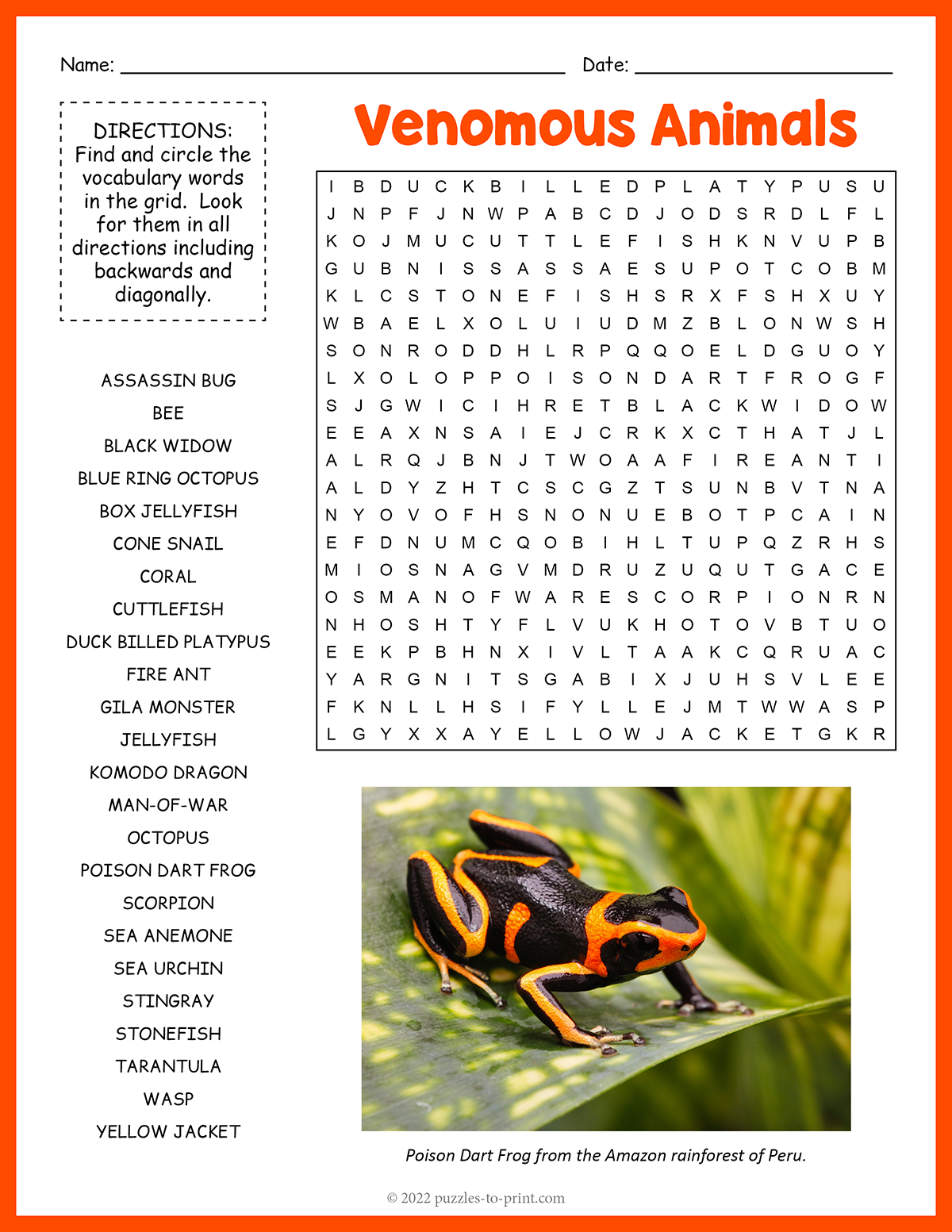 Venomous Animals Word Search