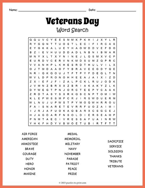 Veterans Day Word Search