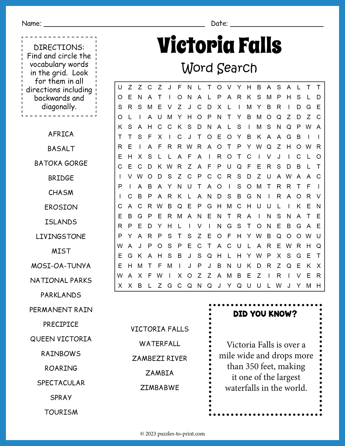 Victoria Falls Word Search
