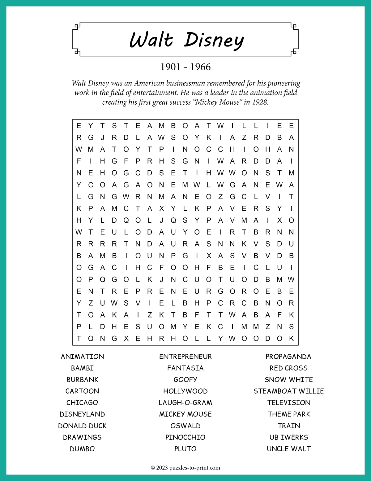 Walt Disney Word Search Walt Disney Word Search