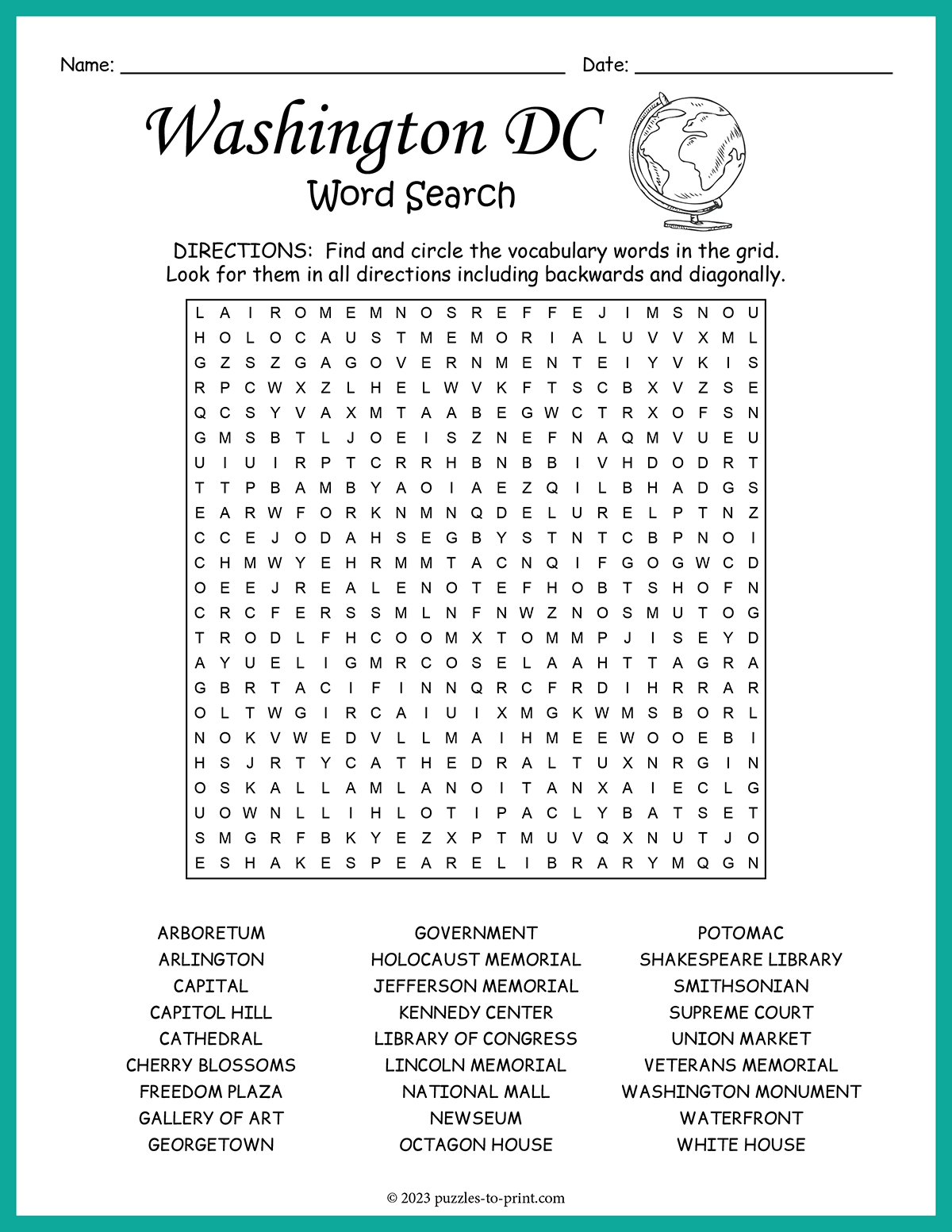 Washington DC Word Search