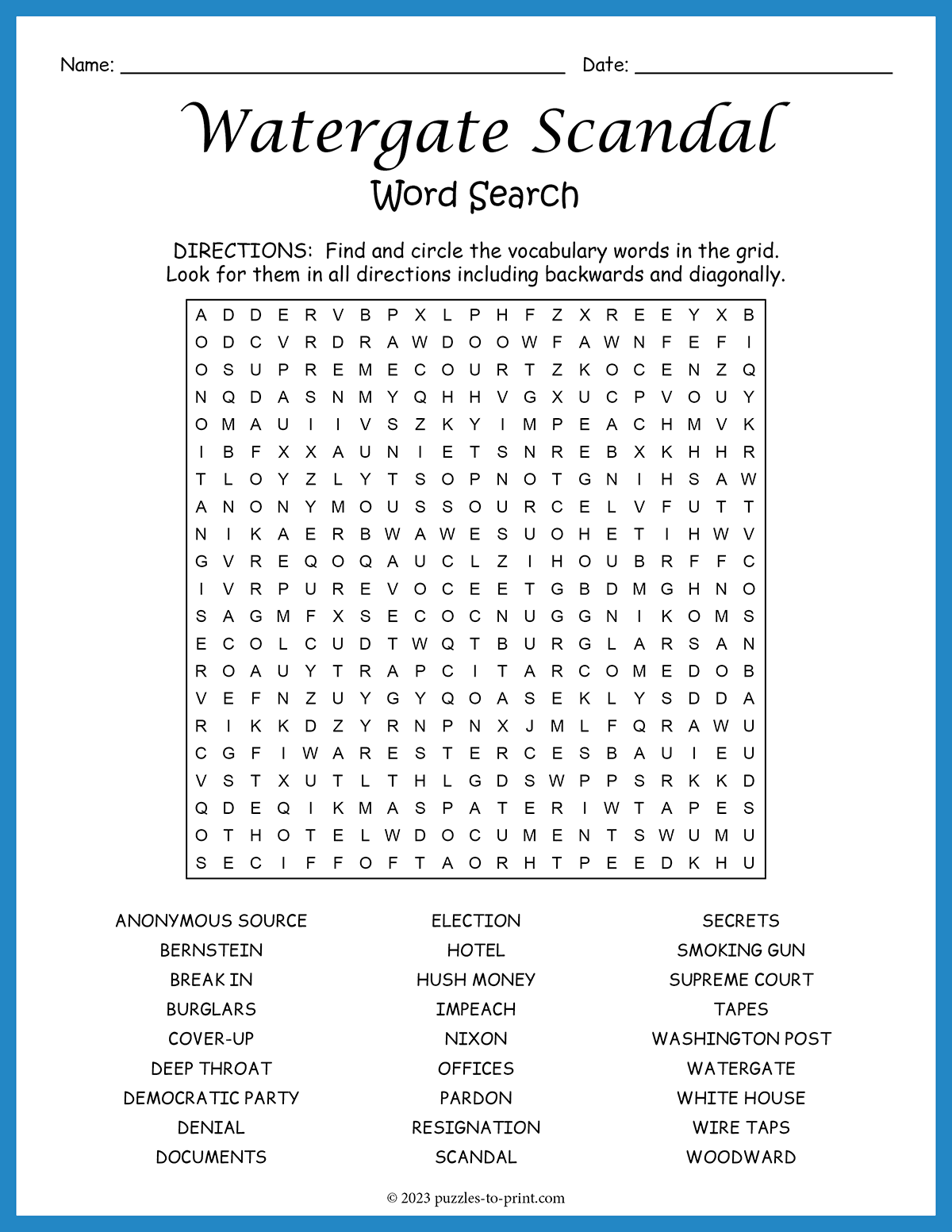 Watergate Scandal Word Search