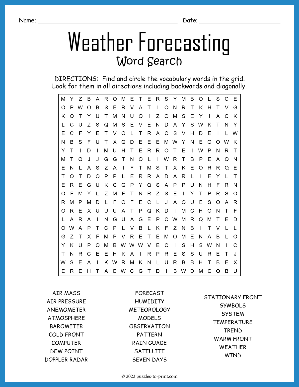 Weather Forecasting Word Search