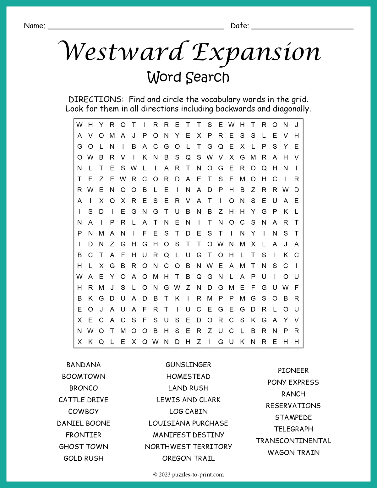 Westward Expansion Word Search
