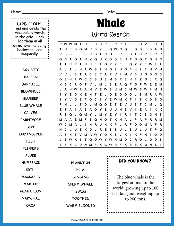 Whale Word Search