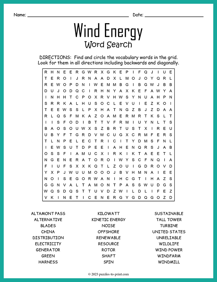 Wind Energy Word Search