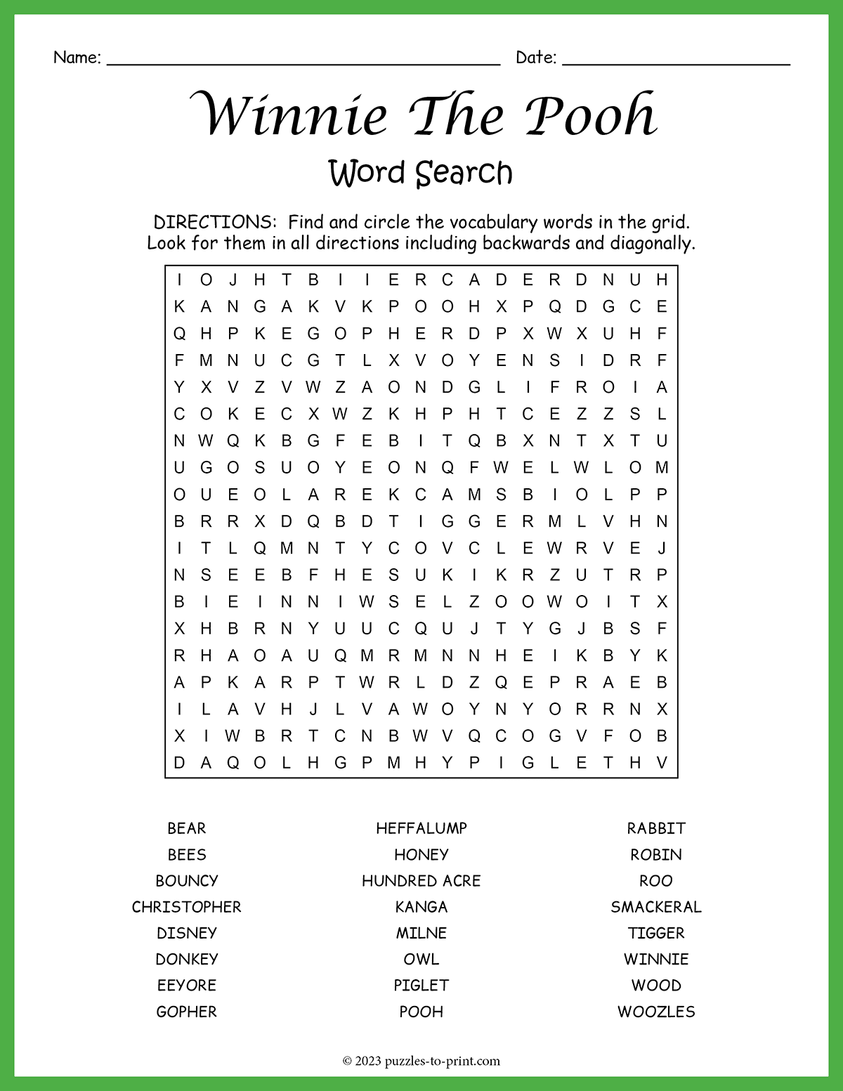Winnie The Pooh Word Search