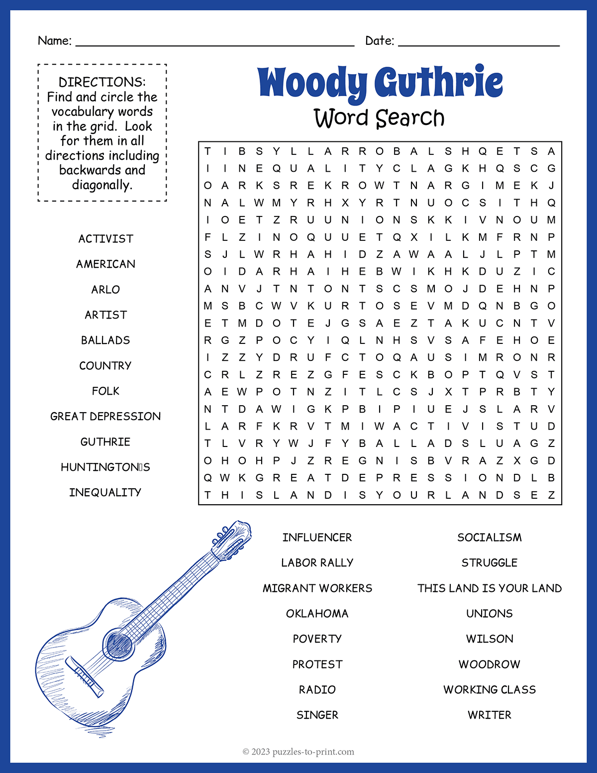Woody Guthrie Word Search