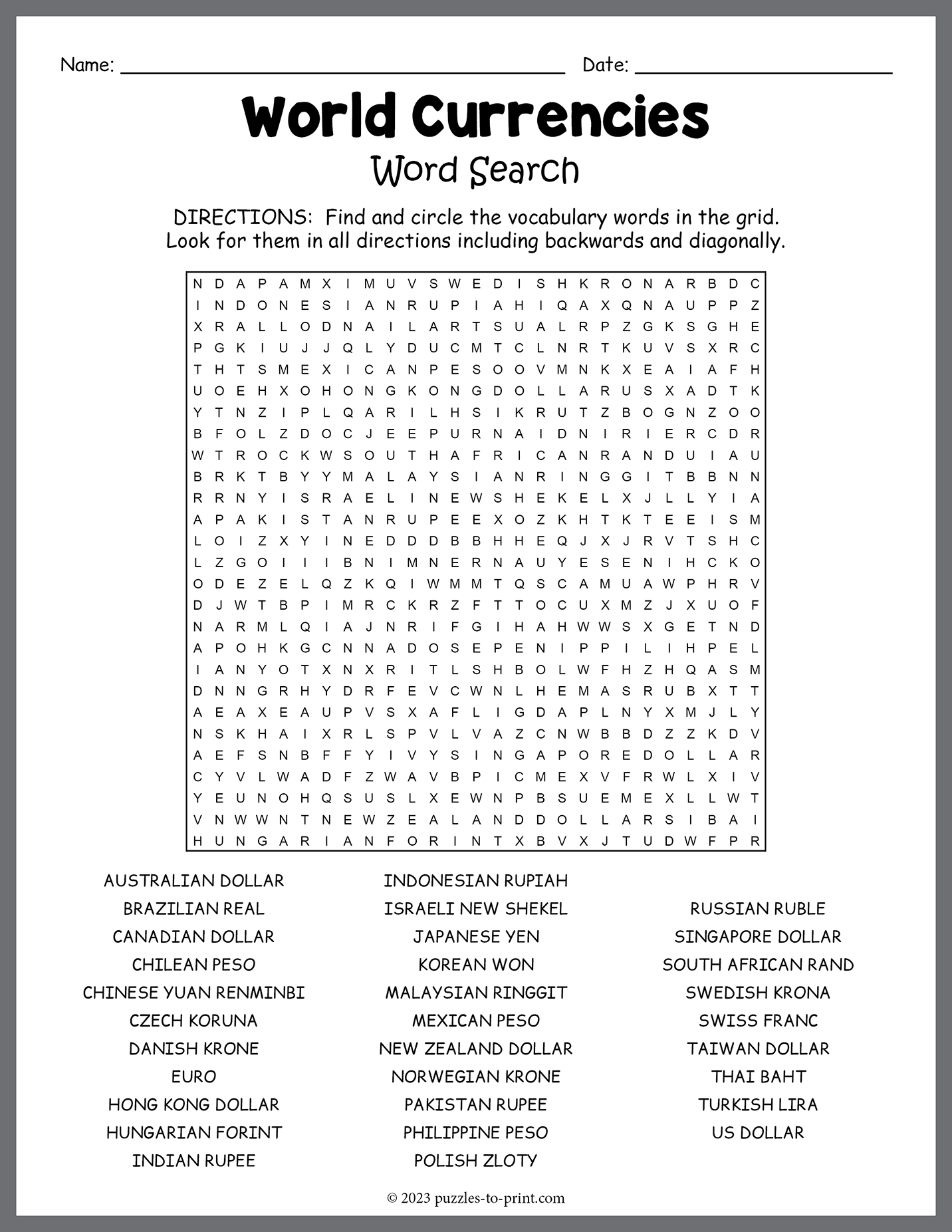 World Currencies Word Search