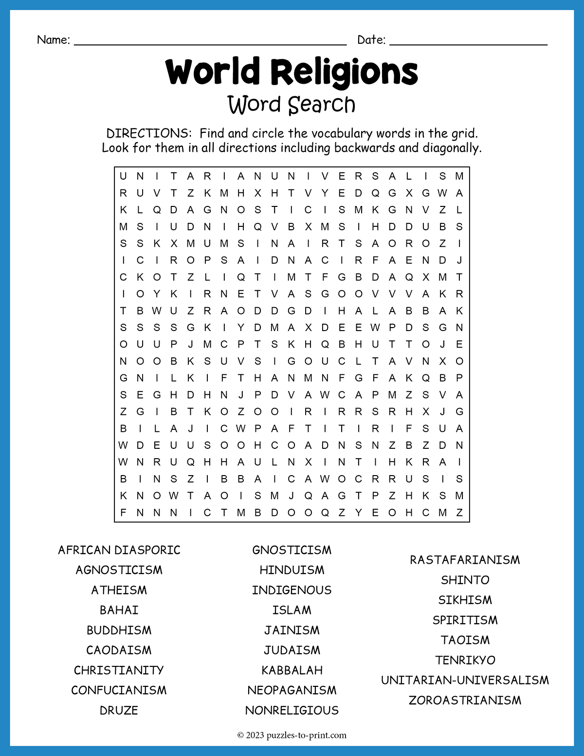 World Religions Word Search