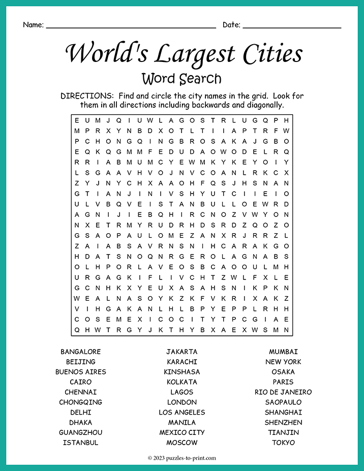World's largest Cities Word Search