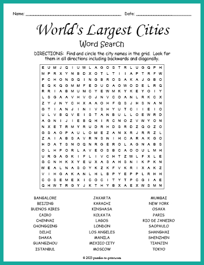 World's largest Cities Word Search World's largest Cities Word Search