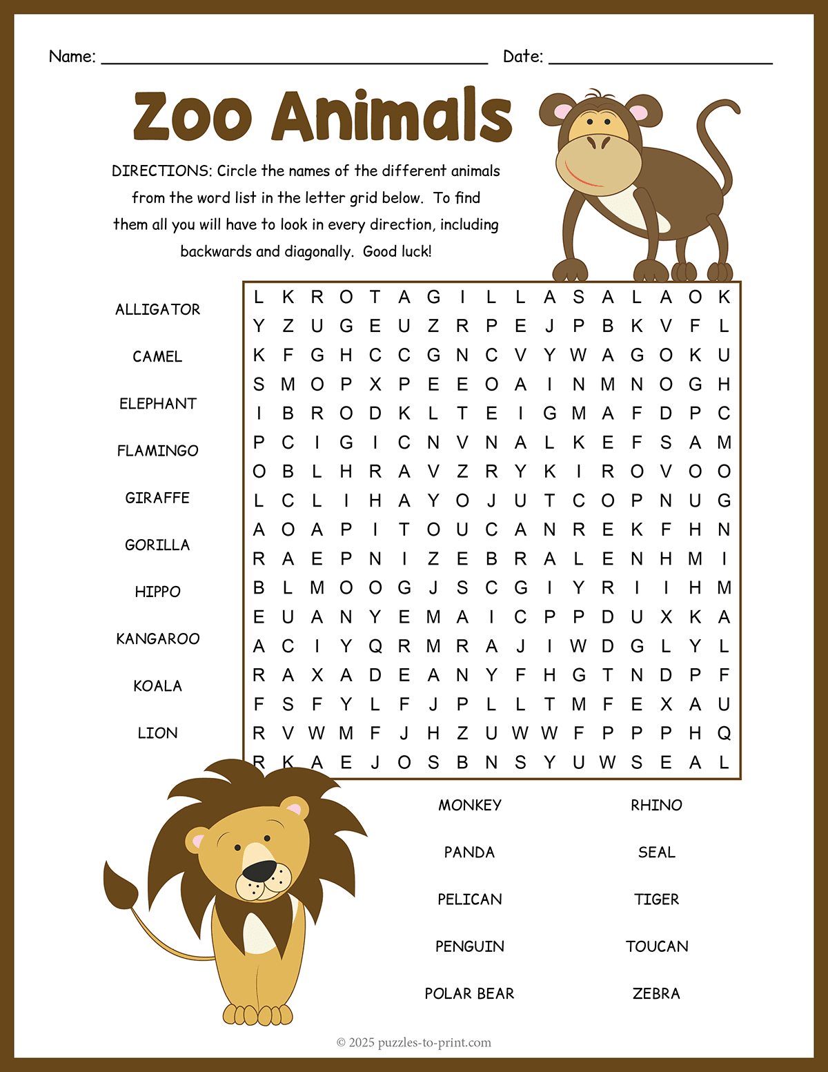 Zoo Animals Word Search