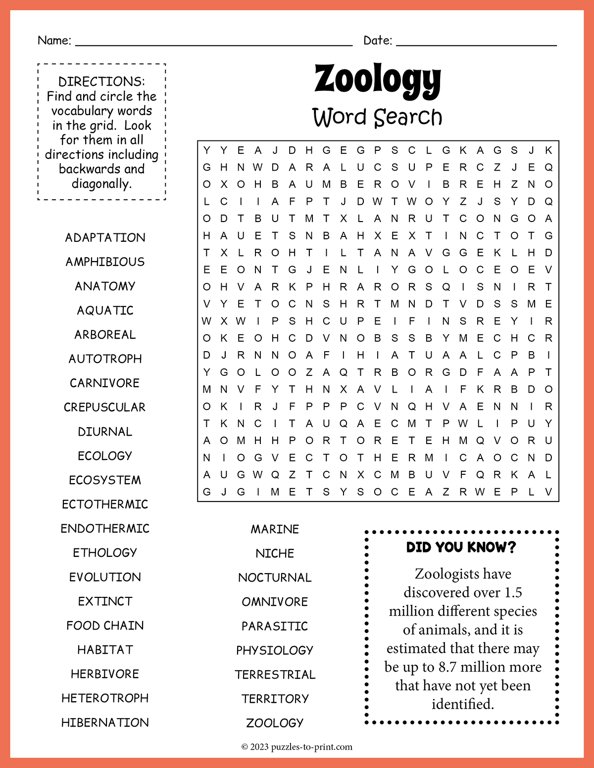 Zoology Word Search