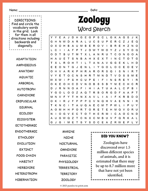 Zoology Word Search