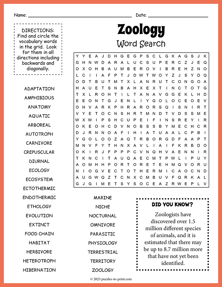 Zoology Word Search